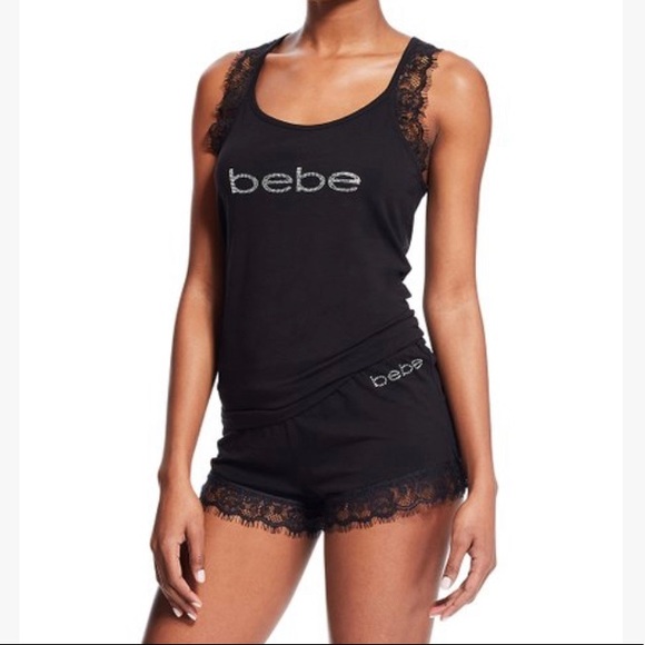 bebe | Intimates & Sleepwear | Bebe Crystal Logo Black Lace Sleeper Set ...